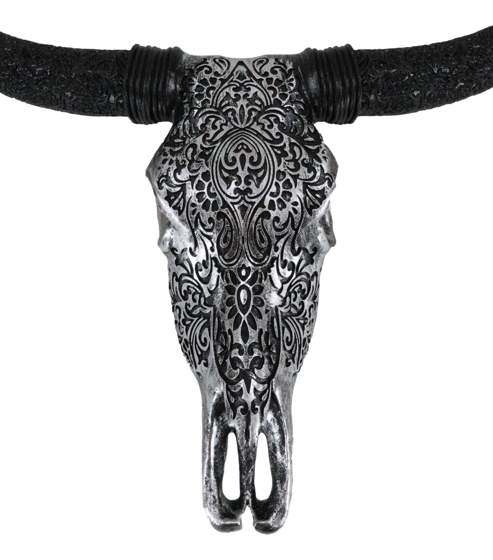 Ebros Gift Silver and Black Tribal Floral Vines Tooled Steer Bison Bull Cow Skull Head with Horns Wall Mount Decor Artistic Replica Native Animal Bust Skulls Hanging Mounted Plaque Sculpture