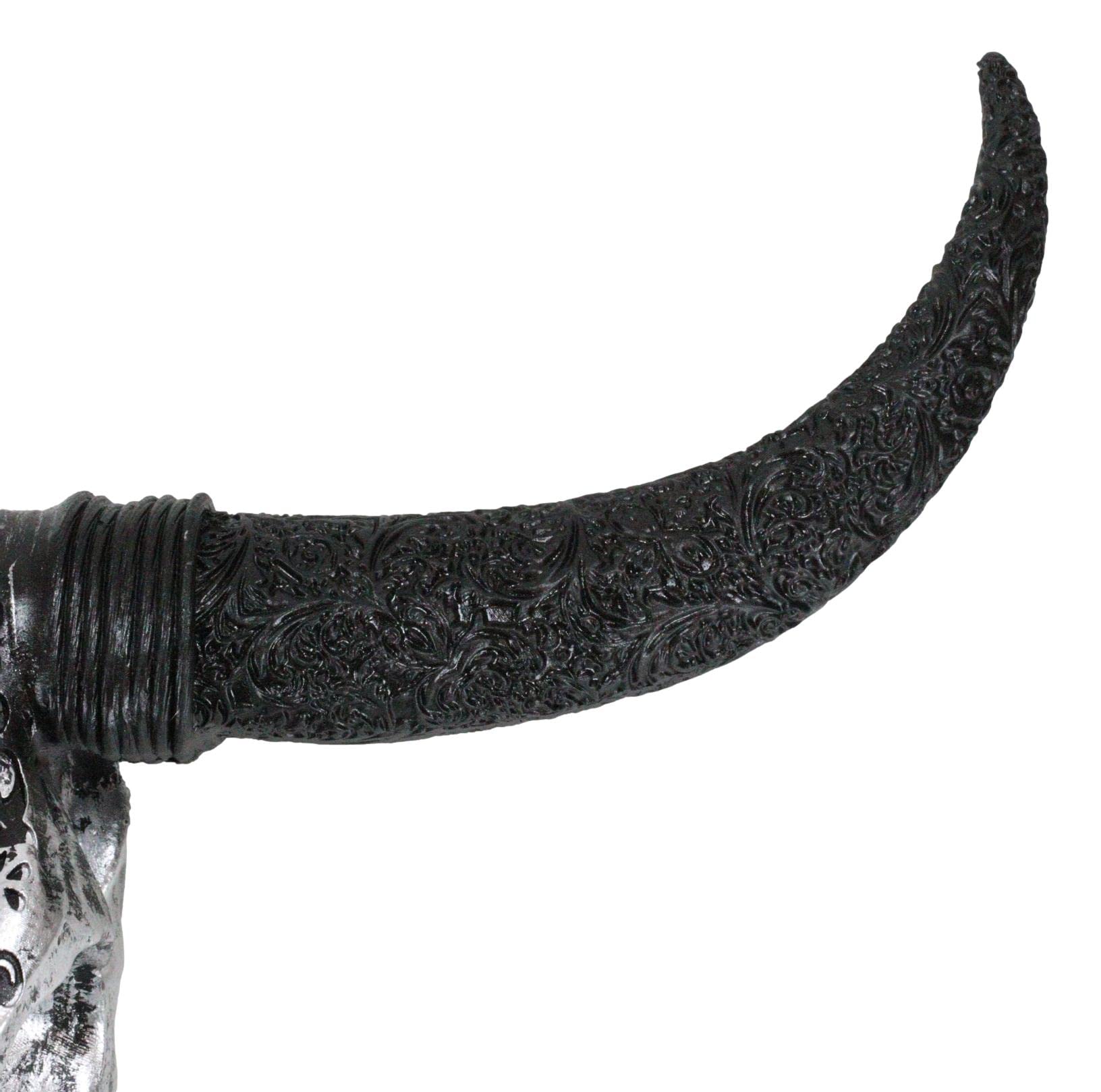 Ebros Gift Silver and Black Tribal Floral Vines Tooled Steer Bison Bull Cow Skull Head with Horns Wall Mount Decor Artistic Replica Native Animal Bust Skulls Hanging Mounted Plaque Sculpture
