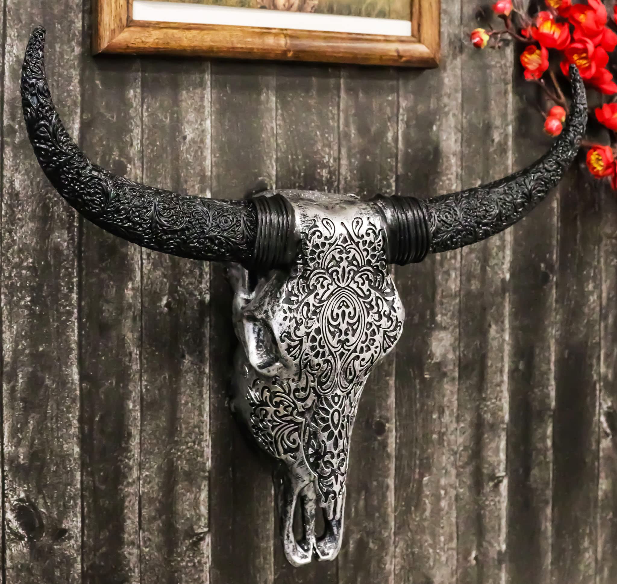 Ebros Gift Silver and Black Tribal Floral Vines Tooled Steer Bison Bull Cow Skull Head with Horns Wall Mount Decor Artistic Replica Native Animal Bust Skulls Hanging Mounted Plaque Sculpture