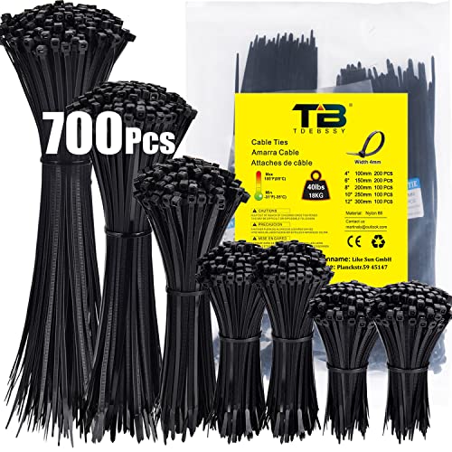 Black Zip Ties Assorted Sizes 700 Pack 4/6/8/10/12 0.16 Inch Width Inch Cable Ties, Zip Ties 40Lbs Light Duty Nylon Plastic Ties Self-Locking Black Small Zip Tie Wraps for Home, Office and Workshop