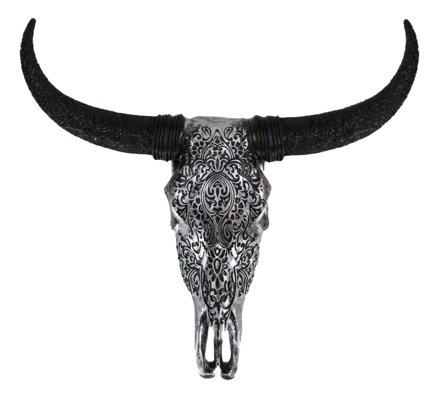 Ebros Gift Silver and Black Tribal Floral Vines Tooled Steer Bison Bull Cow Skull Head with Horns Wall Mount Decor Artistic Replica Native Animal Bust Skulls Hanging Mounted Plaque Sculpture