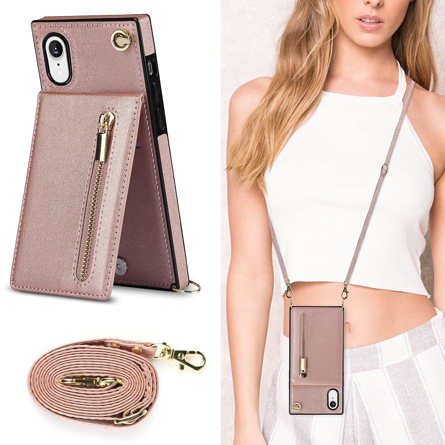 Jaorty Crossbody Phone Case for iPhone XR Case with Card Holder for Women,iPhone XR Case Wallet with Strap Lanyard for Men,PU Leather Magnetic Clasp with Kickstand 6.1", Rosegold