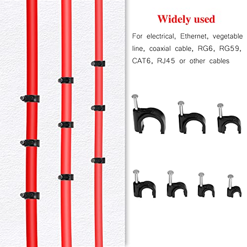 OCR 600pcs Circle Cable Clips with Steel Nail in Black Wire Clips 4mm 5mm 6mm 7mm 8mm 10mm 12mm Cord Management for RG6, RG59, CAT6, Coax Cable, Ethernet, TV, Telephone, Printer Cable