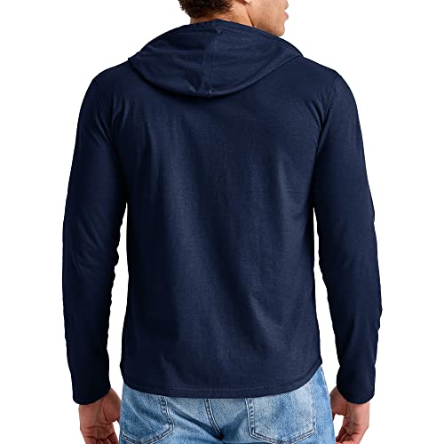 Hanes Comfortblend Men's Originals Tri-Blend Jersey, T-Shirt Hoodie with Henley Collar, Athletic Navy PE Heather, Large