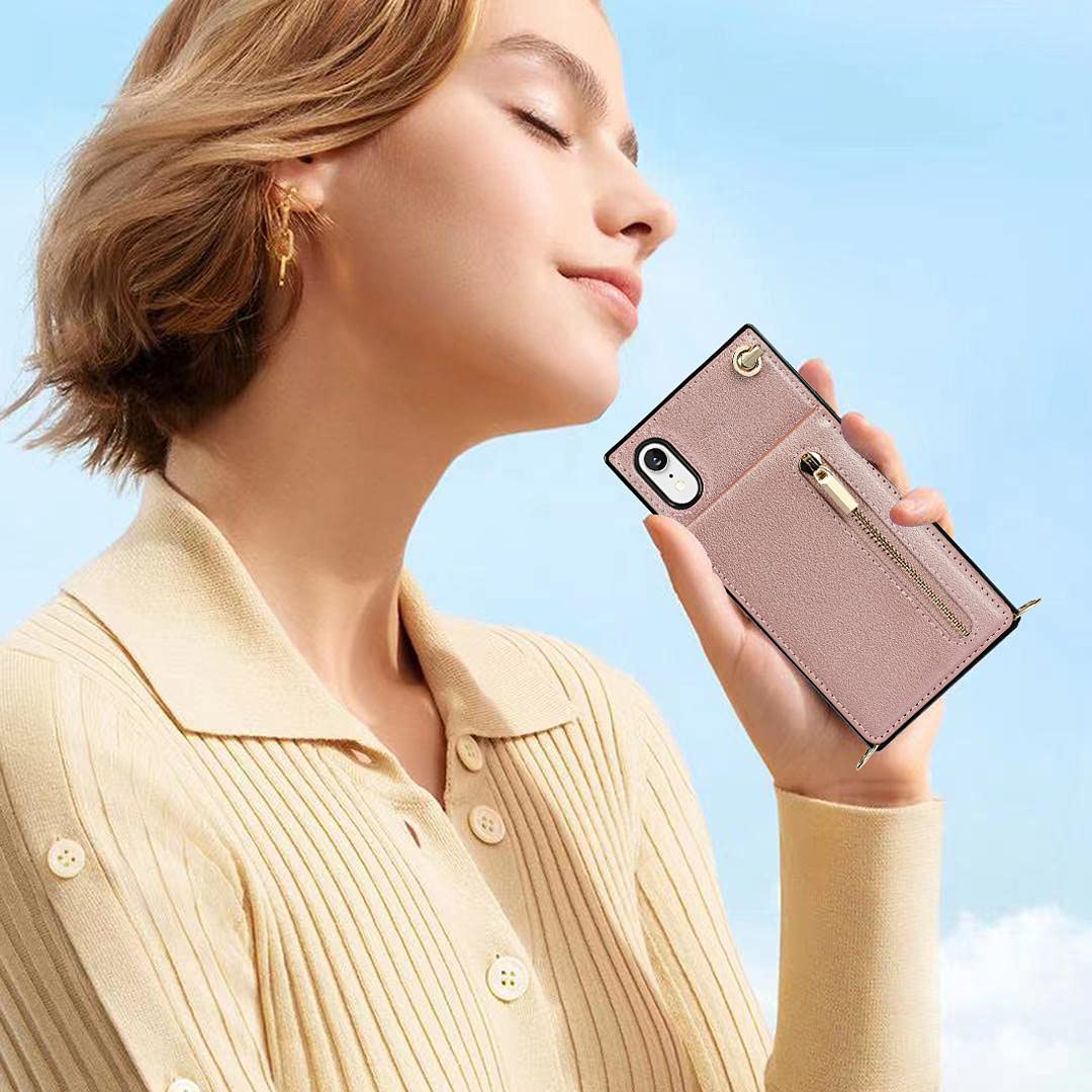 Jaorty Crossbody Phone Case for iPhone XR Case with Card Holder for Women,iPhone XR Case Wallet with Strap Lanyard for Men,PU Leather Magnetic Clasp with Kickstand 6.1", Rosegold