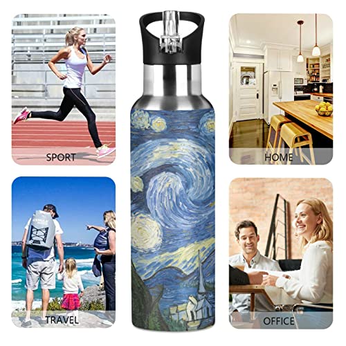 Qilmy Starry Night Sport Water Bottle with Straw Lid Double Wall Vacuum Insulated Flask Stainless Steel Water Bottle 20 oz