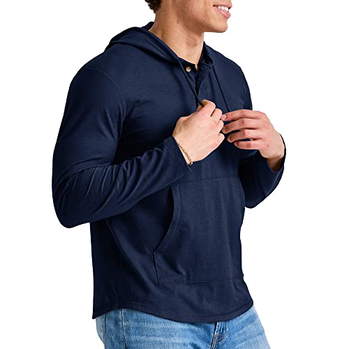 Hanes Comfortblend Men's Originals Tri-Blend Jersey, T-Shirt Hoodie with Henley Collar, Athletic Navy PE Heather, Large