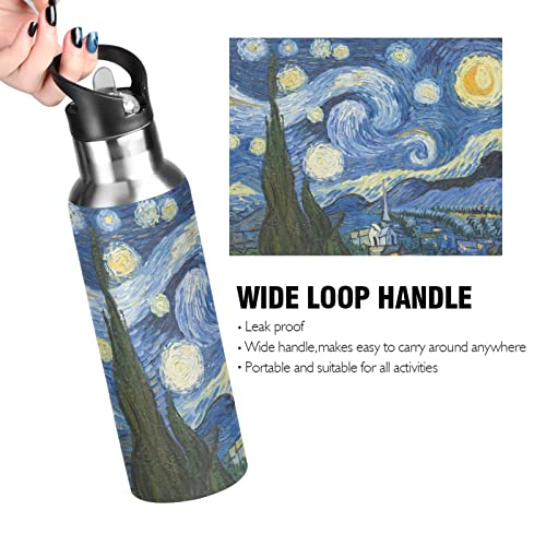 Qilmy Starry Night Sport Water Bottle with Straw Lid Double Wall Vacuum Insulated Flask Stainless Steel Water Bottle 20 oz
