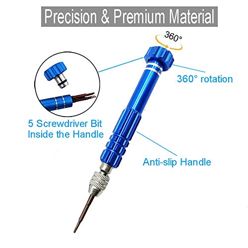 Eyeglass Repair Kit, 5-in-1 Multifunctional Precision Screwdriver Set (torxT5~T6,+1.5,-1.5,star0.8) with Mini Keychain Screwdriver for Glasses, Cellphone, Electronics, Watch, Laptop, Jewelry