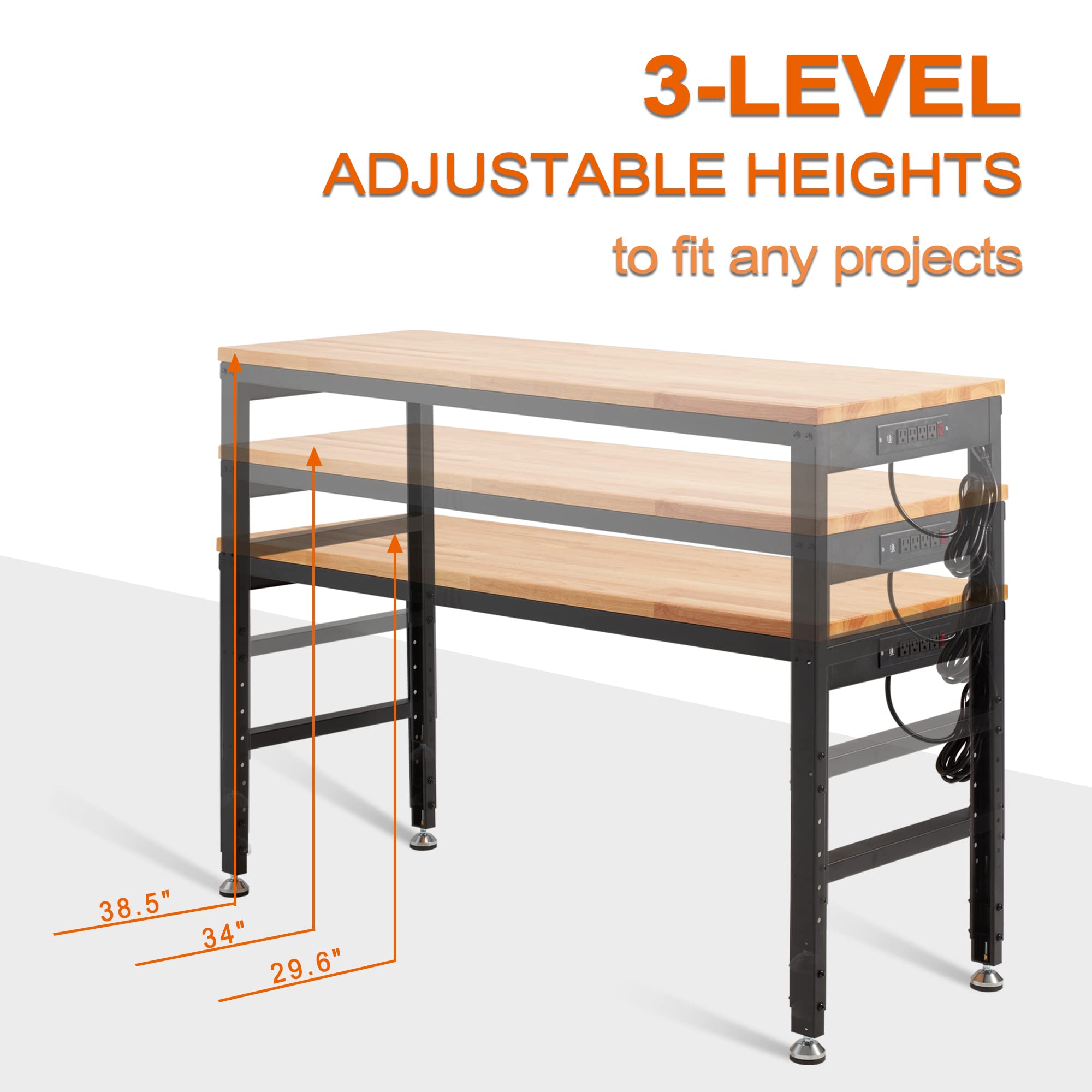 Haddockway Adjustable Workbench for Garage, 60" x 22" Rubber Wood Top Worktable with Power Outlets, Max 2000 Lbs Load Capacity Heavy Duty Workstation for Workshop Office Home (Black Frame, 60in)