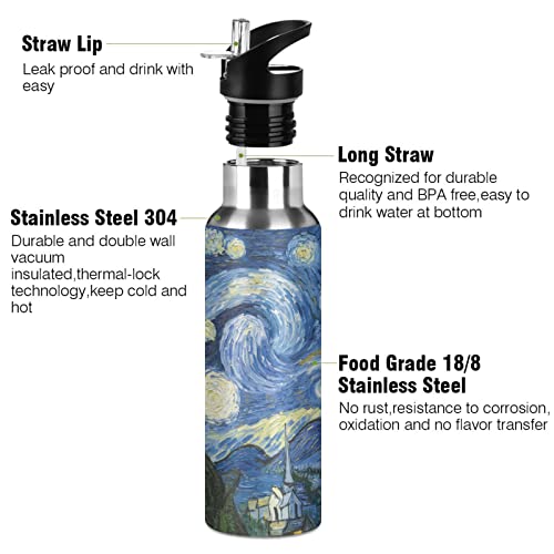 Qilmy Starry Night Sport Water Bottle with Straw Lid Double Wall Vacuum Insulated Flask Stainless Steel Water Bottle 20 oz