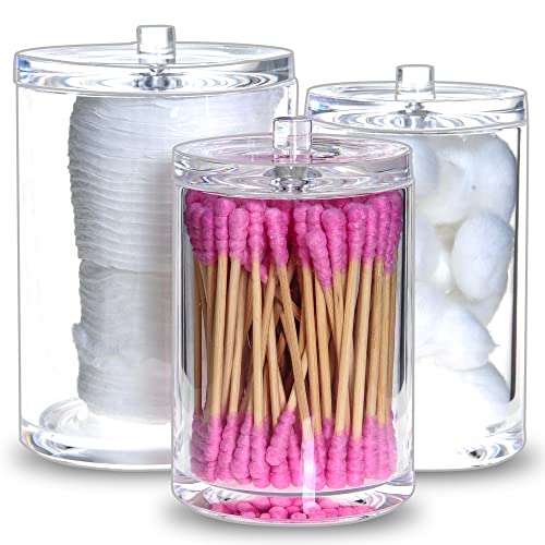 MOSIKER Cotton Ball Qtip Holder Dispenser with Lid,Clear Acrylic Round Bathroom Counter Organizer (3 Connected Towers)