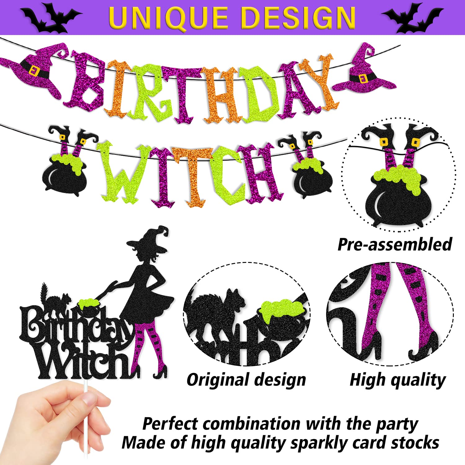 Halloween Birthday Witch Banner with Witch Cake Topper 12 Pieces 3D Bats Props Decoration 24 Pcs Balloons for Ghost Zombie Vampire Haunted House Halloween Birthday Party Supplies