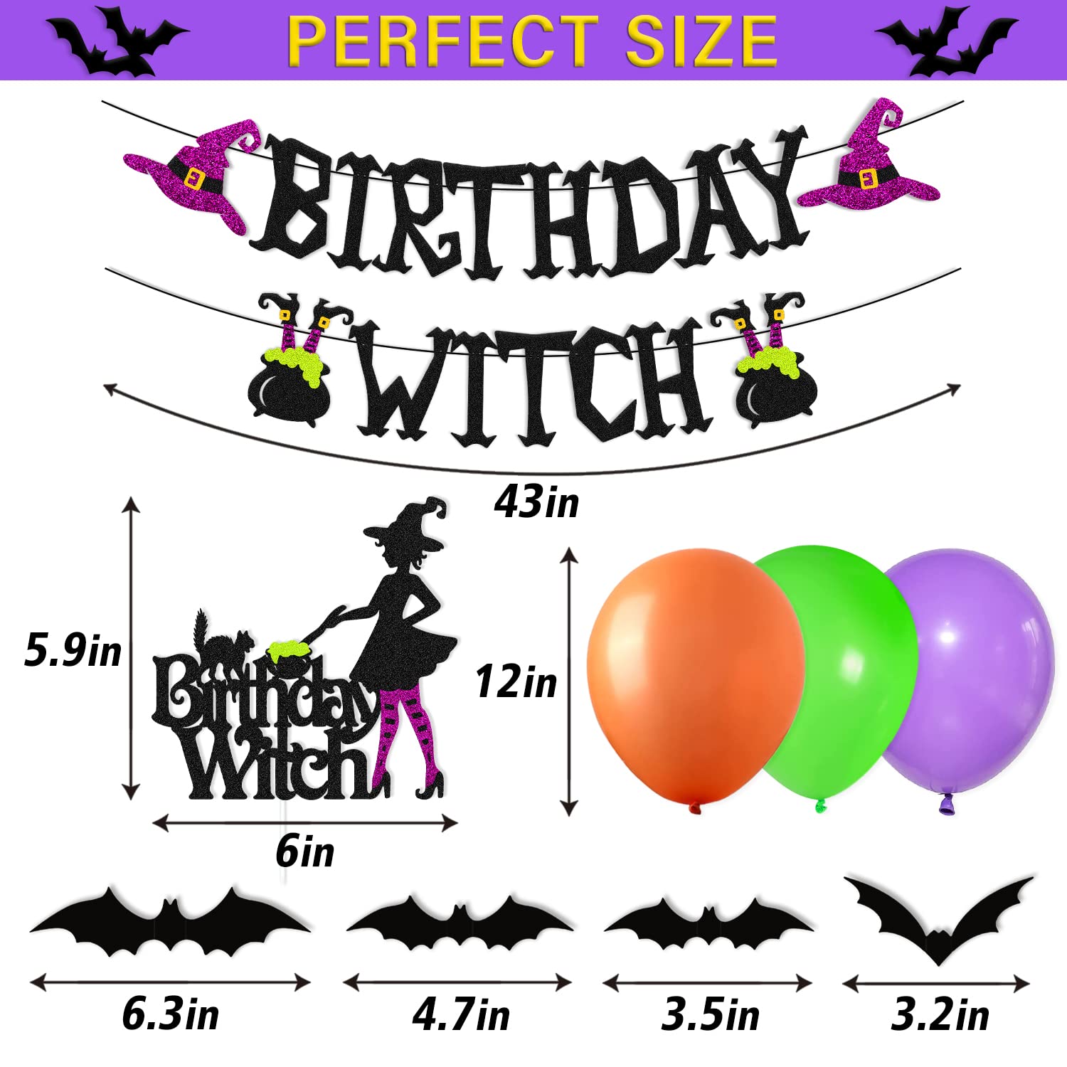 Halloween Birthday Witch Banner with Witch Cake Topper 12 Pieces 3D Bats Props Decoration 24 Pcs Balloons for Ghost Zombie Vampire Haunted House Halloween Birthday Party Supplies