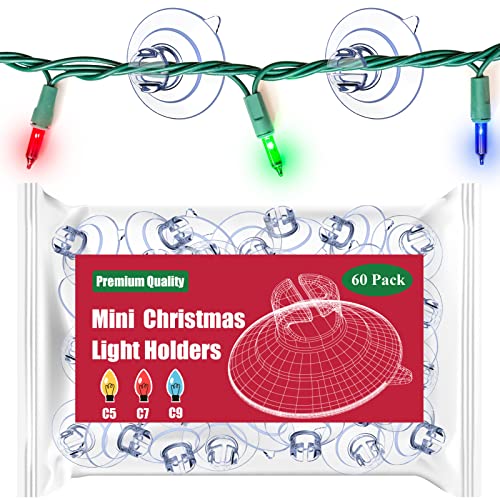 Miuezuth Mini Christmas Light Suction Cups [Set of 60] - Small Holiday Light String Hooks Holders, Clear Rope Light Caddy Window Glass Suction Cup Clips Hang Seasonal Xmas Decorations
