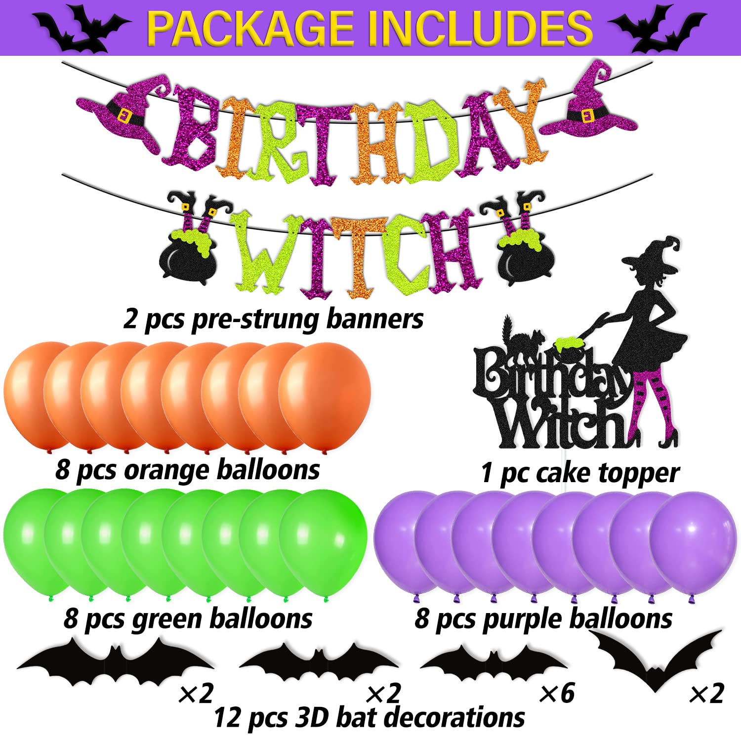 Halloween Birthday Witch Banner with Witch Cake Topper 12 Pieces 3D Bats Props Decoration 24 Pcs Balloons for Ghost Zombie Vampire Haunted House Halloween Birthday Party Supplies
