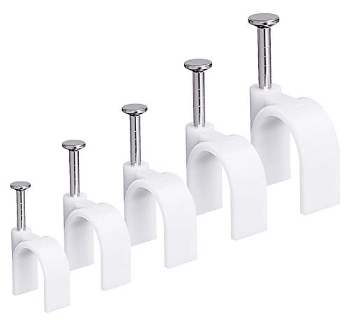 Attmu 500 Pack Cable Clips White Cable Wire Clips ​Management with Steel Nails 4mm 6mm 8mm 10mm 12mm Ethernet Cable Nails Round Cable Wire Tacks for Cat6 Rg6, Rg59, Rj45 Cable, White