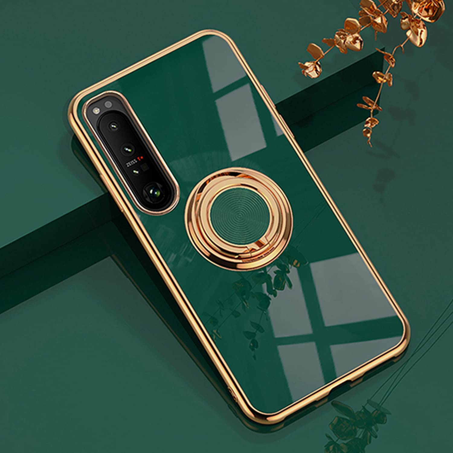 Yarxiawin Compatible with Sony Xperia 1 III Case with Ring Holder Pink, Aesthetic Sony Xperia 1 III Phone Case Silicone Soft TPU Slim Cover Shockproof Luxury with Kickstand (Dark Green)