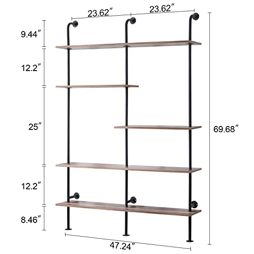 HOMISSUE Industrial Bookshelf 5-Tier Open Wall Mount Ladder Bookshelf, Modern Bookcase with Metal Frame and Wood for Home Office, Wall Mounted Industrial Iron Pipe Shelf, Oak Brown