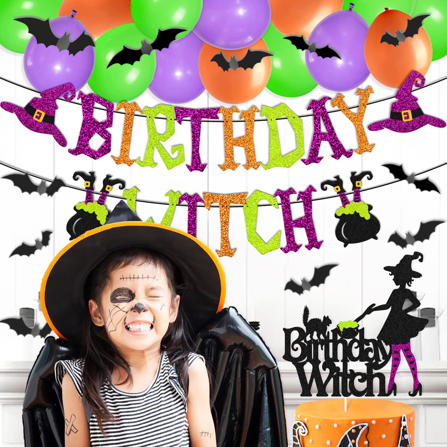 Halloween Birthday Witch Banner with Witch Cake Topper 12 Pieces 3D Bats Props Decoration 24 Pcs Balloons for Ghost Zombie Vampire Haunted House Halloween Birthday Party Supplies