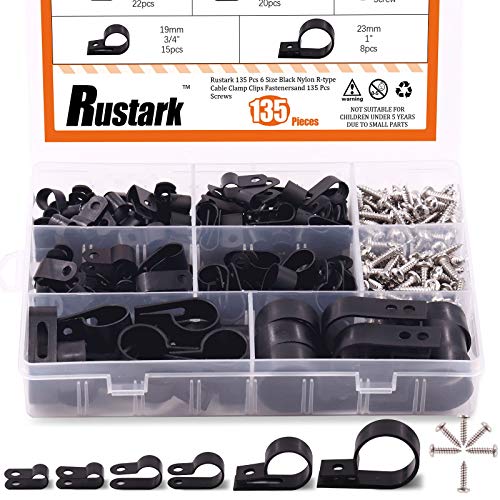 Rustark 135 Pcs 6 Size Black Nylon R-Type Cable Clamp Clips Fasteners Assortment kit with Mounting Screw and 135 Pcs Screws Organizer Cord Clips for Wire Management