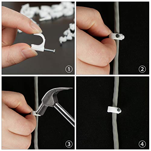 Attmu 500 Pack Cable Clips White Cable Wire Clips Management with Steel Nails 4mm 6mm 8mm 10mm 12mm Ethernet Cable Nails Round Cable Wire Tacks for Cat6 Rg6, Rg59, Rj45 Cable, White