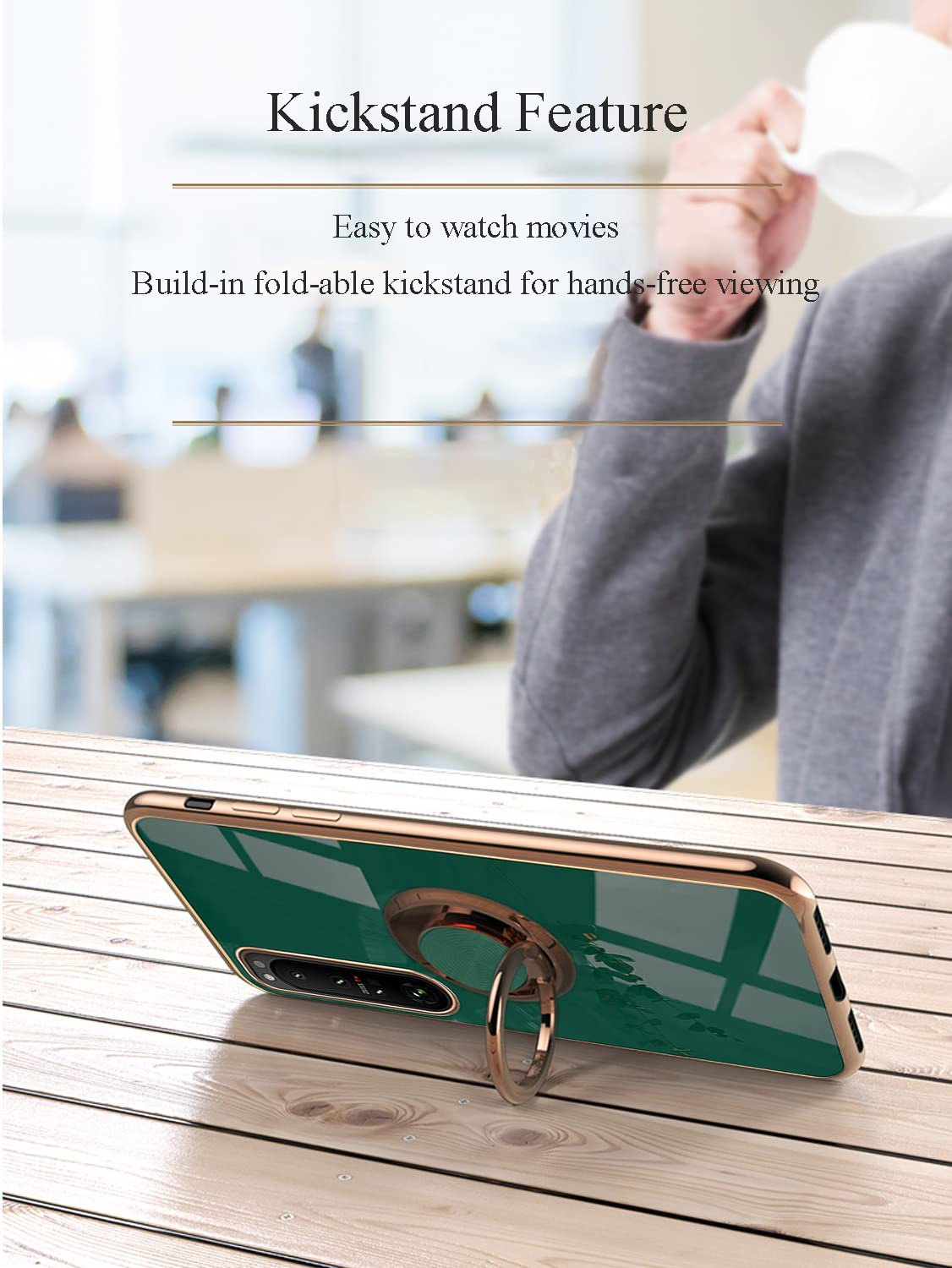 Yarxiawin Compatible with Sony Xperia 1 III Case with Ring Holder Pink, Aesthetic Sony Xperia 1 III Phone Case Silicone Soft TPU Slim Cover Shockproof Luxury with Kickstand (Dark Green)