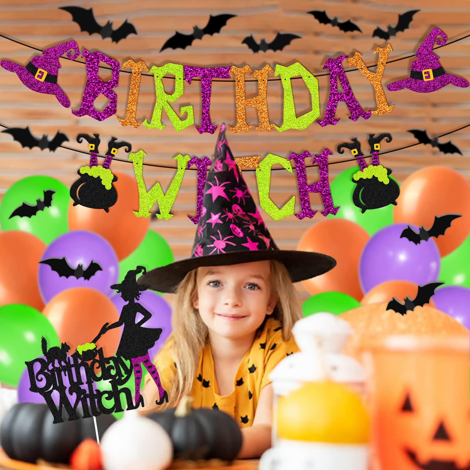 Halloween Birthday Witch Banner with Witch Cake Topper 12 Pieces 3D Bats Props Decoration 24 Pcs Balloons for Ghost Zombie Vampire Haunted House Halloween Birthday Party Supplies