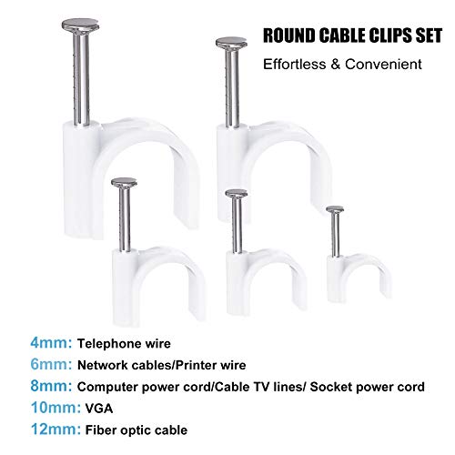 Attmu 500 Pack Cable Clips White Cable Wire Clips Management with Steel Nails 4mm 6mm 8mm 10mm 12mm Ethernet Cable Nails Round Cable Wire Tacks for Cat6 Rg6, Rg59, Rj45 Cable, White