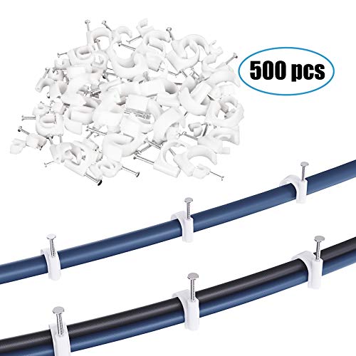 Attmu 500 Pack Cable Clips White Cable Wire Clips Management with Steel Nails 4mm 6mm 8mm 10mm 12mm Ethernet Cable Nails Round Cable Wire Tacks for Cat6 Rg6, Rg59, Rj45 Cable, White