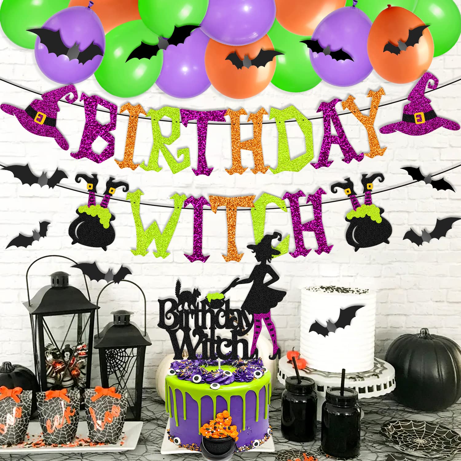 Halloween Birthday Witch Banner with Witch Cake Topper 12 Pieces 3D Bats Props Decoration 24 Pcs Balloons for Ghost Zombie Vampire Haunted House Halloween Birthday Party Supplies