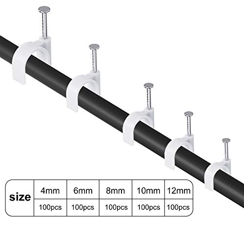 Attmu 500 Pack Cable Clips White Cable Wire Clips Management with Steel Nails 4mm 6mm 8mm 10mm 12mm Ethernet Cable Nails Round Cable Wire Tacks for Cat6 Rg6, Rg59, Rj45 Cable, White