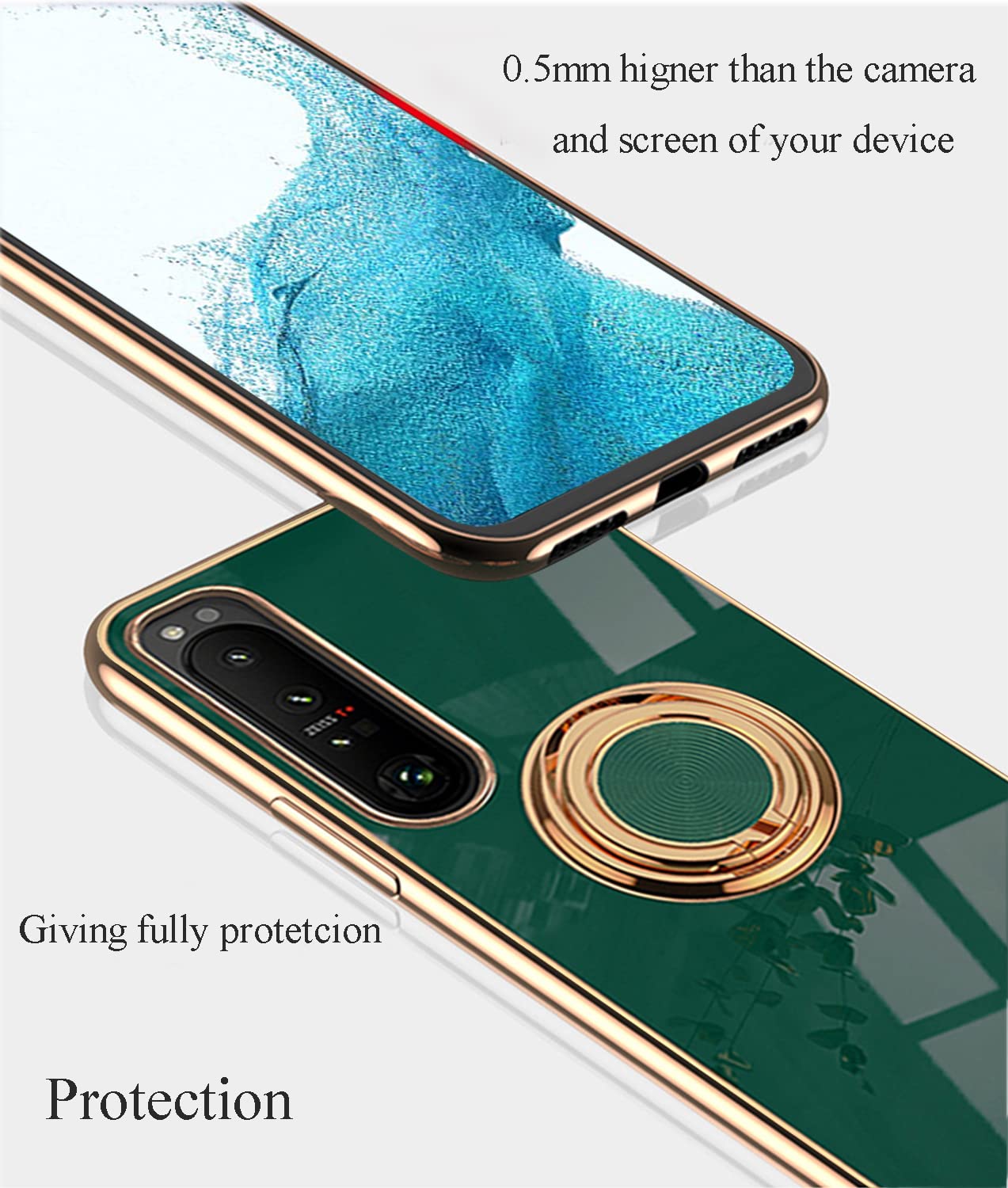 Yarxiawin Compatible with Sony Xperia 1 III Case with Ring Holder Pink, Aesthetic Sony Xperia 1 III Phone Case Silicone Soft TPU Slim Cover Shockproof Luxury with Kickstand (Dark Green)