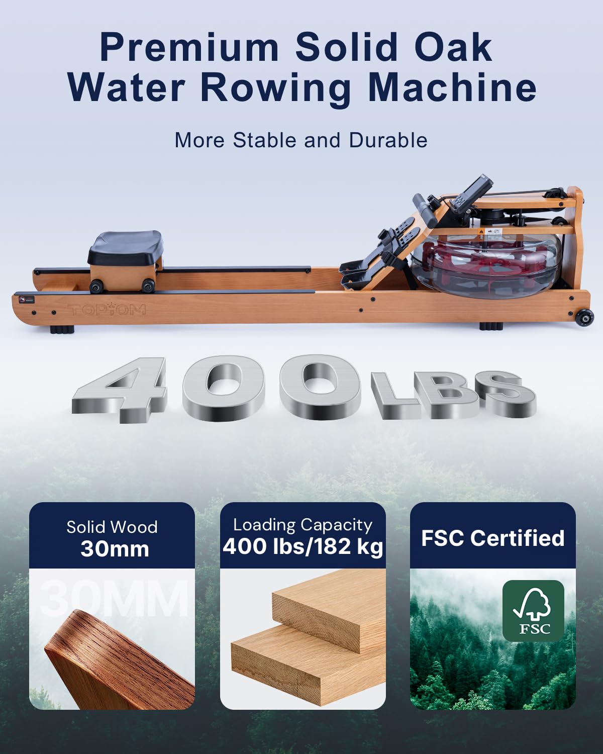 TOPIOM Water Rowing Machine for Home Use, Solid Wood Rower Machine with Upgraded Handle and Adjustable Footpad, TM3 Dedicated Monitor & Bluetooth Connection (Oak Pro)