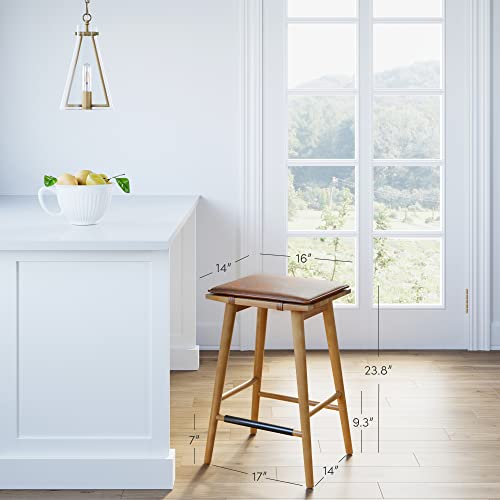 Nathan James Barker Classic Counter Height Wood Barstool with Leather Removable Cushion, Backless Island 24" Bar Stool for Kitchen, Chestnut Brown