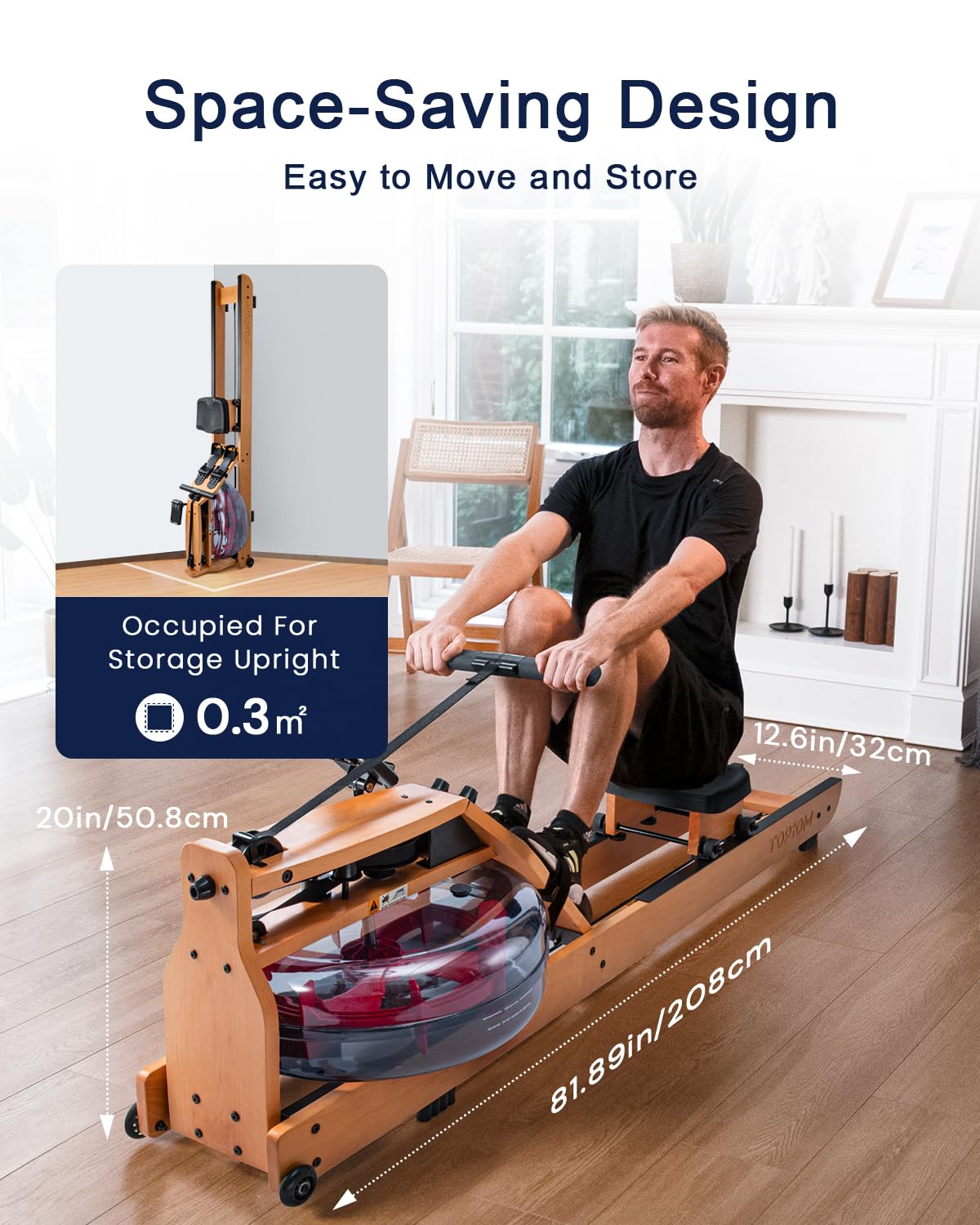 TOPIOM Water Rowing Machine for Home Use, Solid Wood Rower Machine with Upgraded Handle and Adjustable Footpad, TM3 Dedicated Monitor & Bluetooth Connection (Oak Pro)