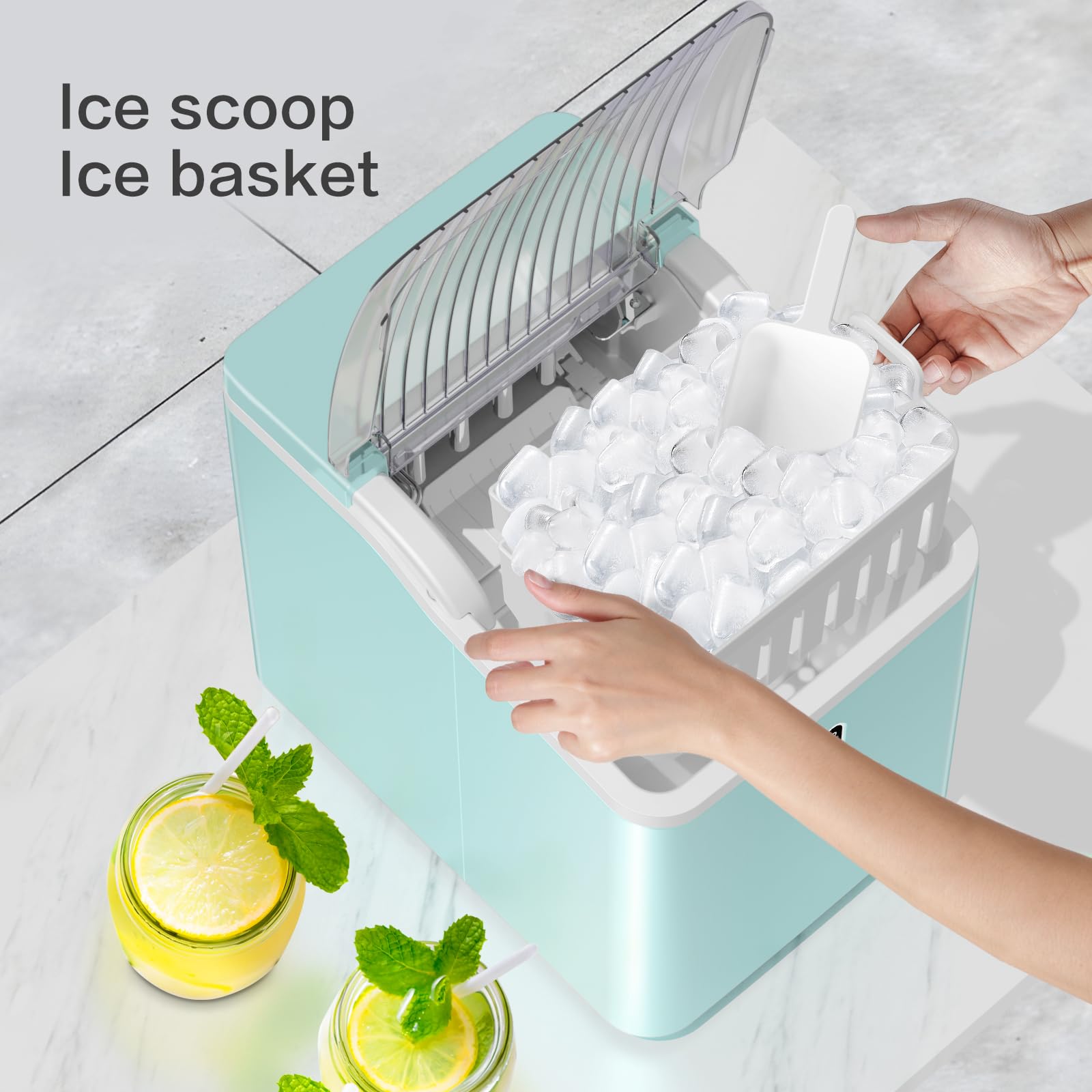 ZAFRO Countertop Portable Ice Maker with Self-Cleaning, 26Lbs/24Hrs, 9 Cubes Ready in 8 Mins, Compact, One-Click Operation with Ice Scoop/Basket for Home/Kitchen/Office, Green