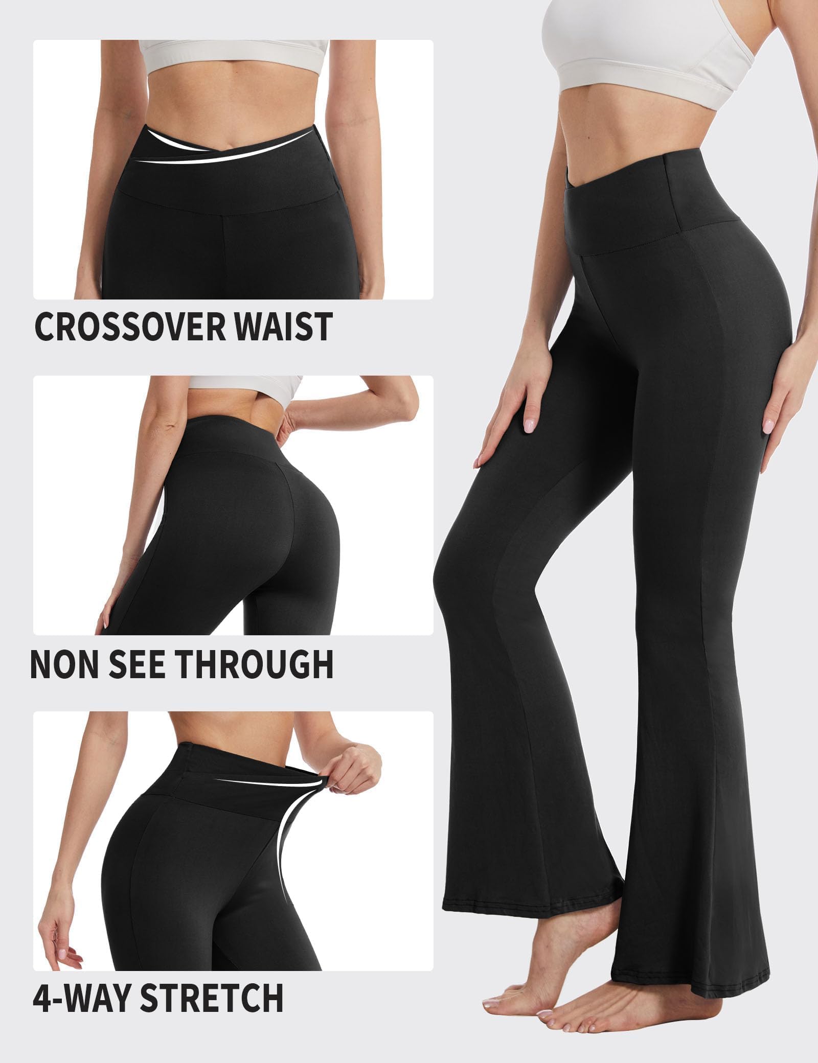 ZOOSIXX Black Flare Yoga Pants for Women, Crossover Soft Bootcut Leggings
