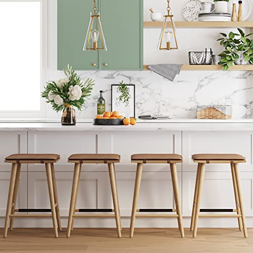 Nathan James Barker Classic Counter Height Wood Barstool with Leather Removable Cushion, Backless Island 24" Bar Stool for Kitchen, Chestnut Brown