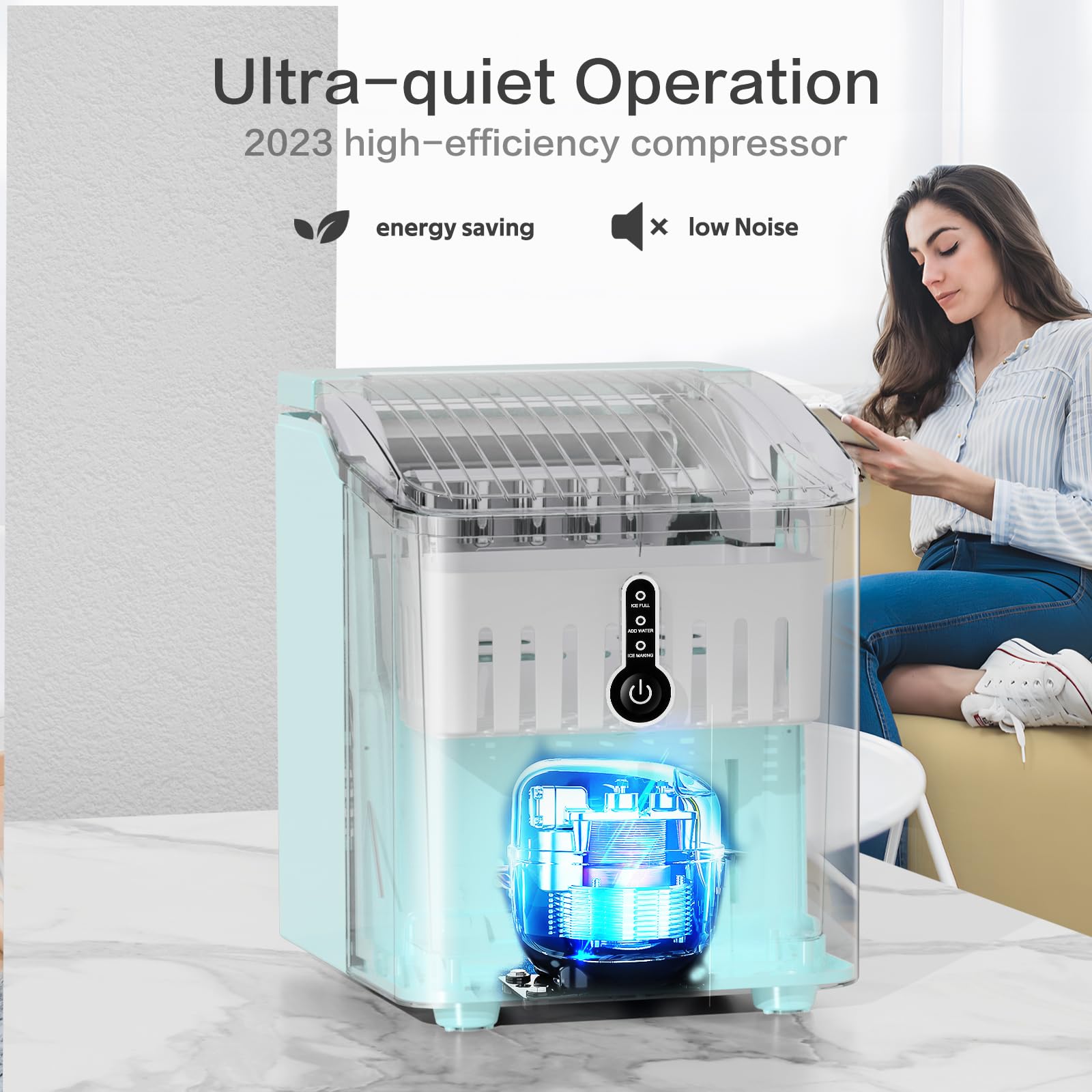 ZAFRO Countertop Portable Ice Maker with Self-Cleaning, 26Lbs/24Hrs, 9 Cubes Ready in 8 Mins, Compact, One-Click Operation with Ice Scoop/Basket for Home/Kitchen/Office, Green