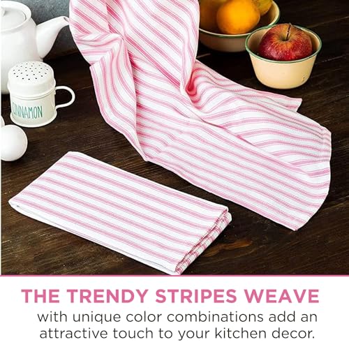 Candy Cottons Stripe Kitchen Towels Decor Hanging Loop Dish Towels Boho Stripe Absorbent Festive Gift Set of 3 Pantry Reusable 18x28 Inch Kitchen Dish Towels|Trendy Spring French Stripe| Pink