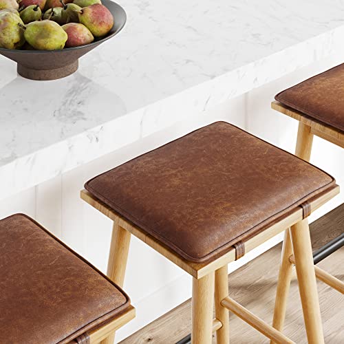 Nathan James Barker Classic Counter Height Wood Barstool with Leather Removable Cushion, Backless Island 24" Bar Stool for Kitchen, Chestnut Brown