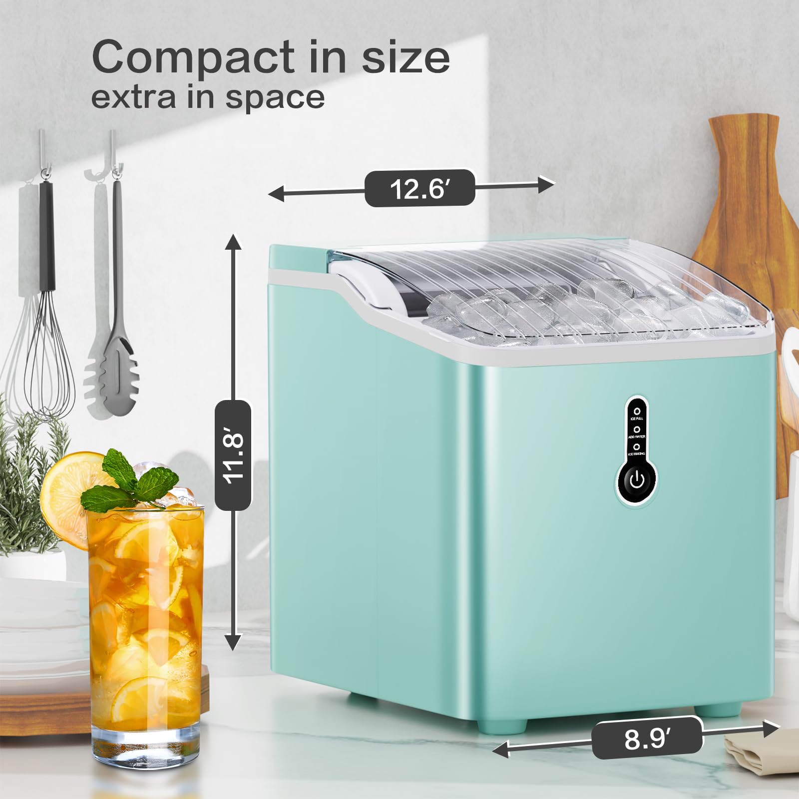ZAFRO Countertop Portable Ice Maker with Self-Cleaning, 26Lbs/24Hrs, 9 Cubes Ready in 8 Mins, Compact, One-Click Operation with Ice Scoop/Basket for Home/Kitchen/Office, Green