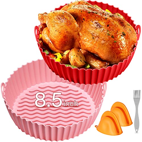 Air Fryer Liners, MIAOKE 8.5 Inch Silicone Air Fryer Liners with Silicone Oil Brush And Anti-Scald Gloves Set Heat Resistant Easy Cleaning Reusable Air Fryer Accessories 5 Pack- (Red/Pink)