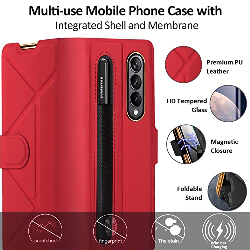 NINKI Compatible Magnetic Leather Case for Samsung Galaxy Z Fold 4 Case with Screen Protector and Stand 2022 Luxury Business Protective Samsung Z Fold 4 5G Phone Case with S Pen Holder Women- Red