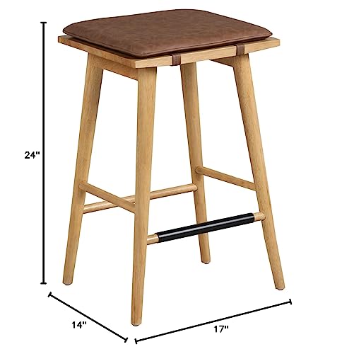 Nathan James Barker Classic Counter Height Wood Barstool with Leather Removable Cushion, Backless Island 24" Bar Stool for Kitchen, Chestnut Brown