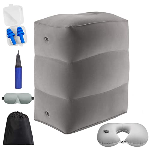 Inflatable Foot Rest Pillow for Travel Adjustable Three Layers for Adults Kids to Sleep While Traveling Suitable for Office Home with Pump Neck Pillow Eye Mask Earplugs and Portable Drawstring Bag