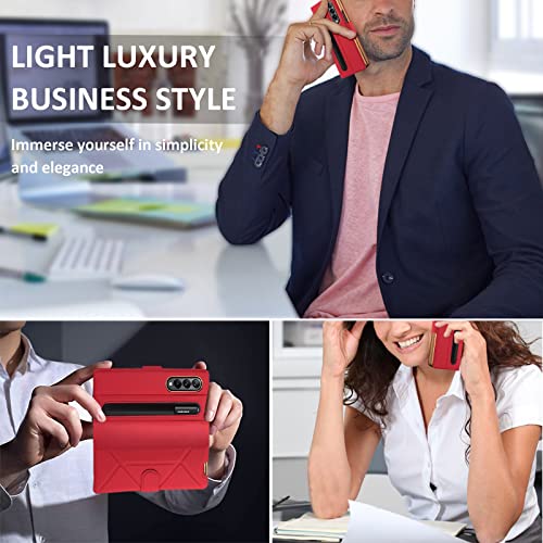 NINKI Compatible Magnetic Leather Case for Samsung Galaxy Z Fold 4 Case with Screen Protector and Stand 2022 Luxury Business Protective Samsung Z Fold 4 5G Phone Case with S Pen Holder Women- Red