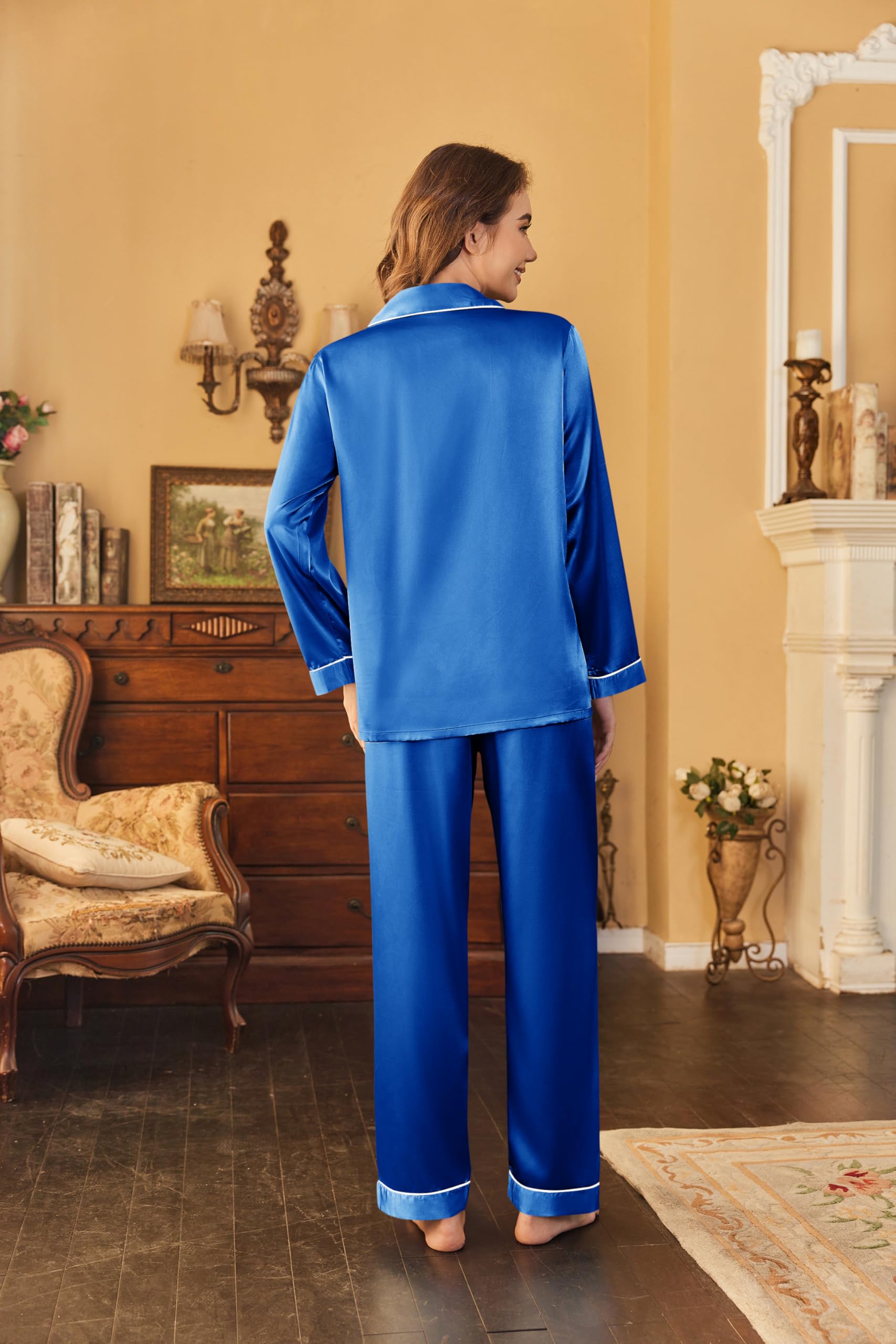 Ekouaer Women's Classic Button Down Long Satin Silk Pajama Set,Large,Blue
