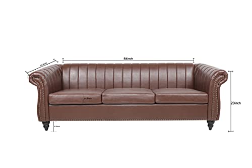EMKK 84inch 3 Seater Sofa Modern Upholstered Couch Faux Leather Sofá for Living Room, Rolled Arm Chesterfield Small Spaces,Bedroom,Apartment,Dorm,Office, Dark Brown 84''